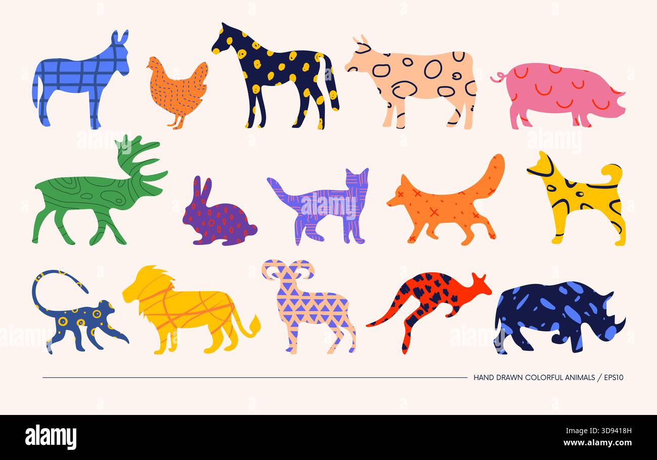 Set minimalistic bizarre unusual wild and domestic animals in matisse ...