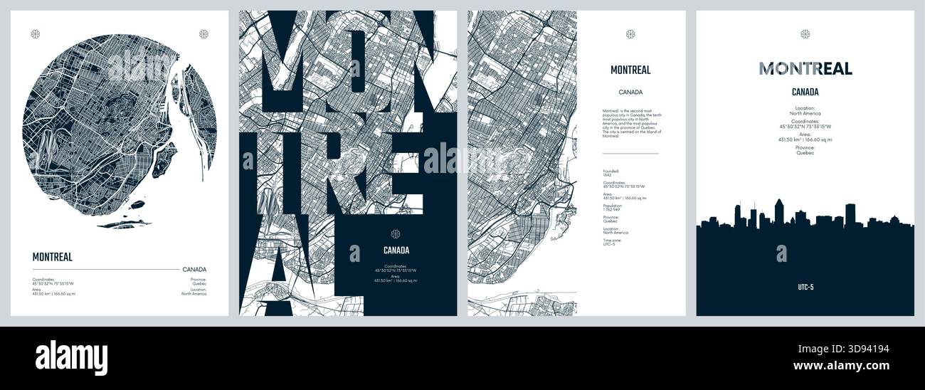 Set of travel posters with Montreal, detailed urban street plan city ...