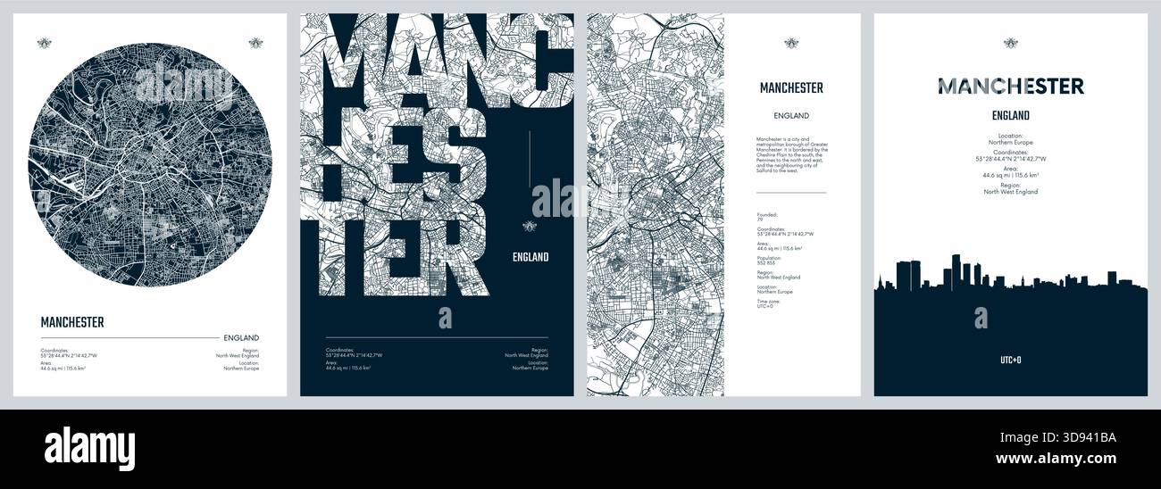 Set of travel posters with Manchester, detailed urban street plan city ...