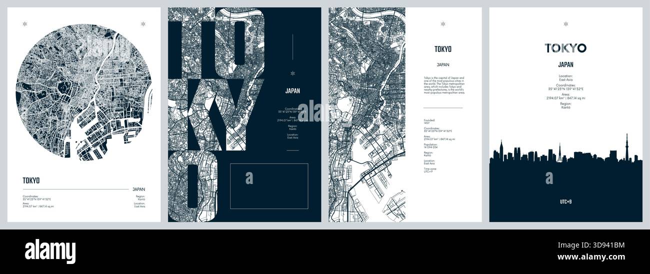 Set of travel posters with Tokyo, detailed urban street plan city map ...