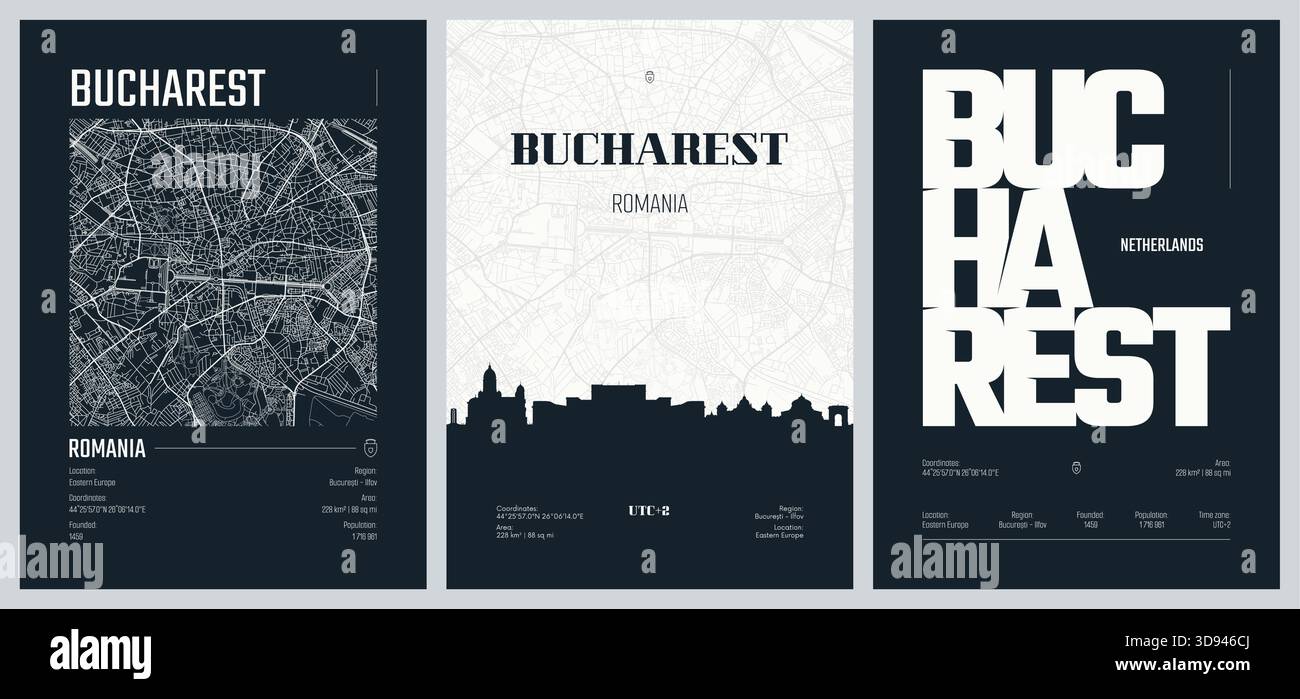 Set of travel posters with Bucharest, detailed urban street plan city ...