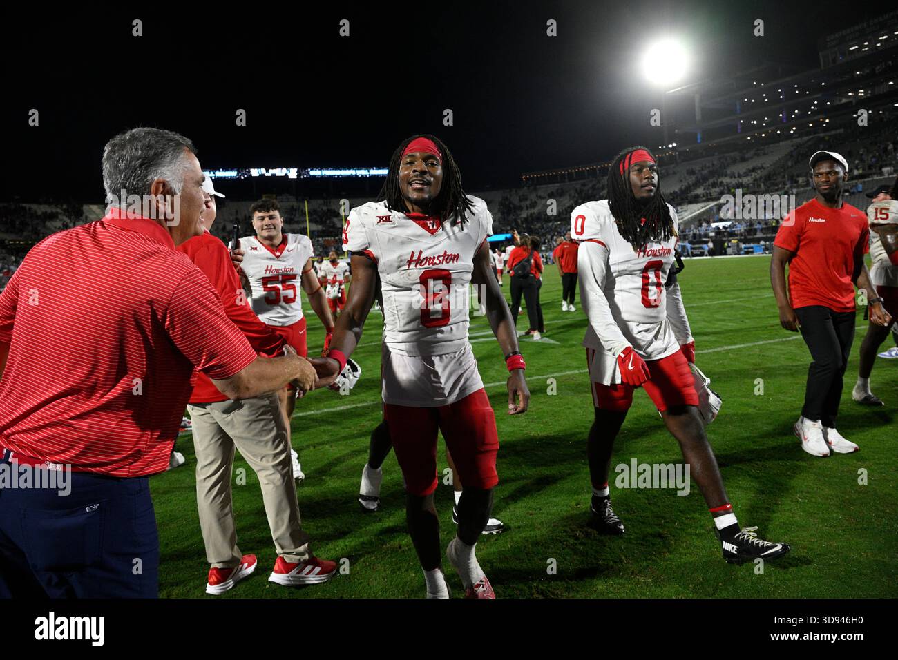 Houston defensive back Kentrell Webb (8) leaves the field after a win ...