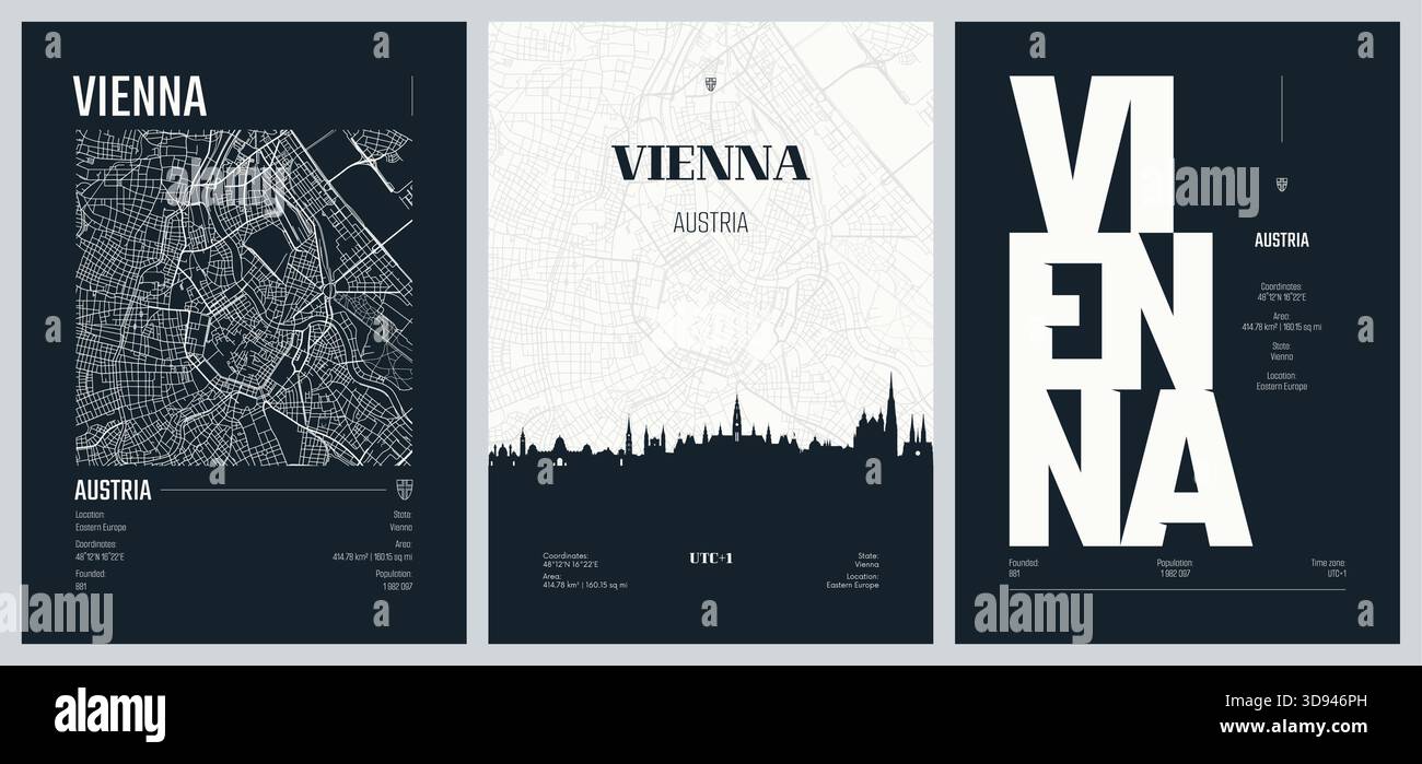 Set of travel posters with Vienna, detailed urban street plan city map ...