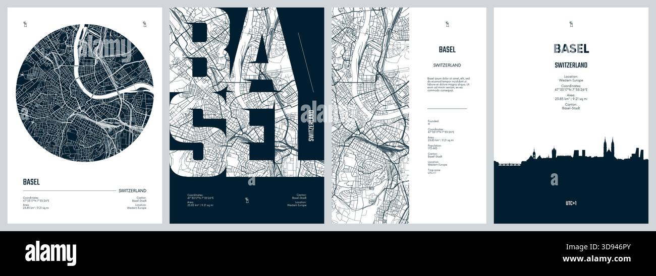 Set of travel posters with Basel, detailed urban street plan city map ...