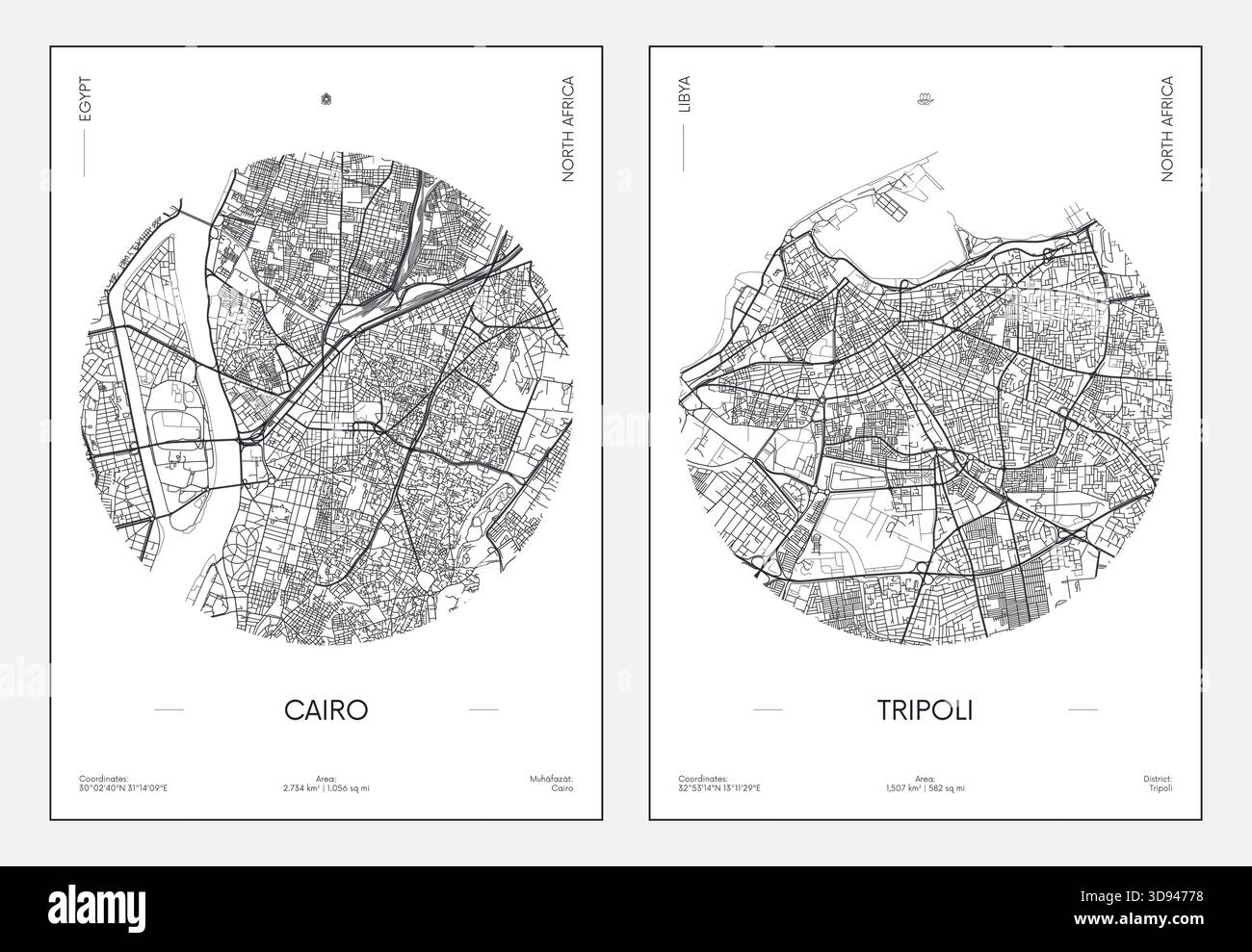 Travel poster, urban street plan city map Cairo and Tripoli, vector ...
