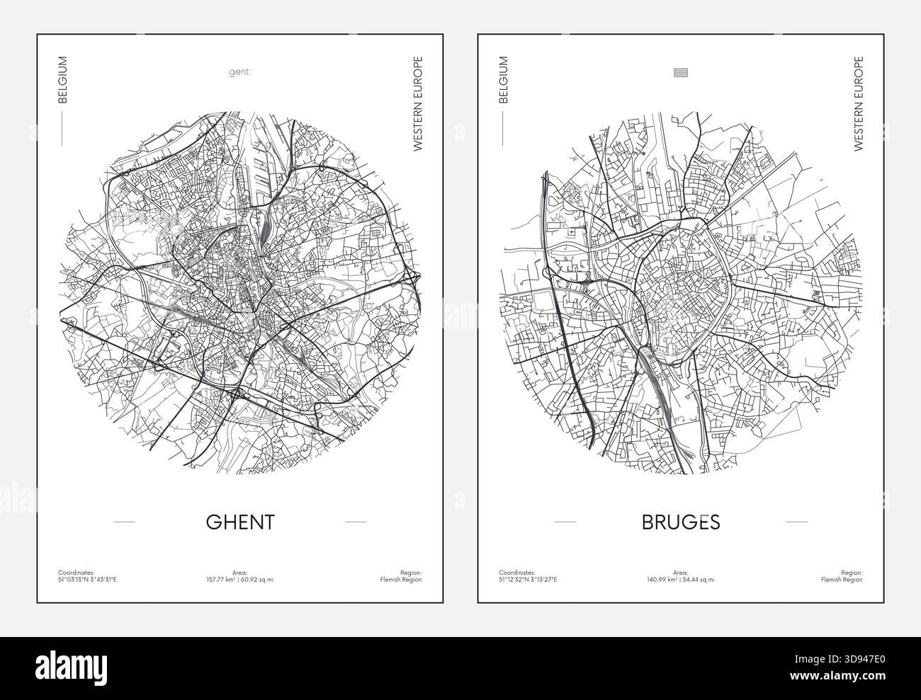 Travel poster, urban street plan city map Ghent and Bruges, vector ...