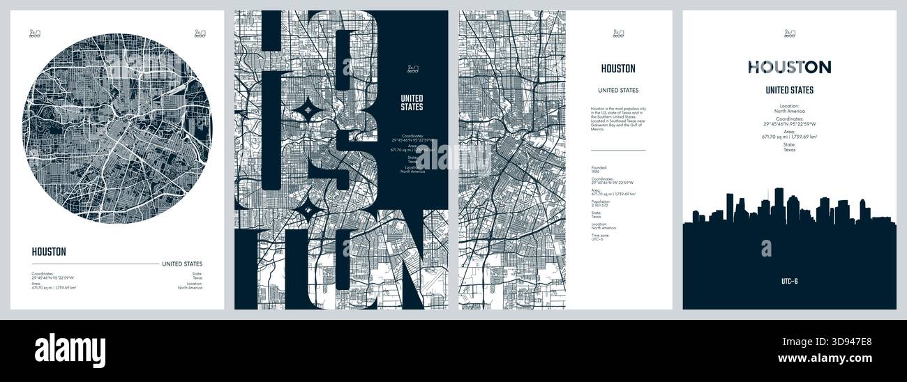 Set of travel posters with Houston, detailed urban street plan city map ...