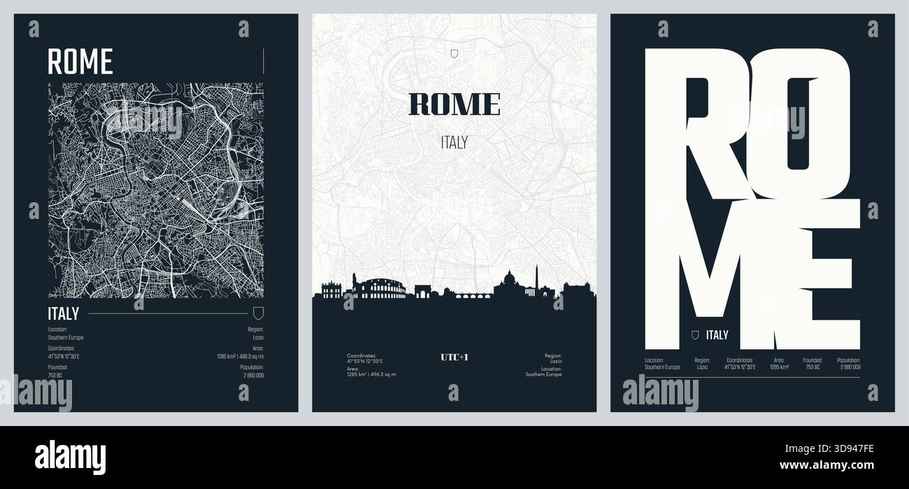 Set of travel posters with Rome, detailed urban street plan city map ...