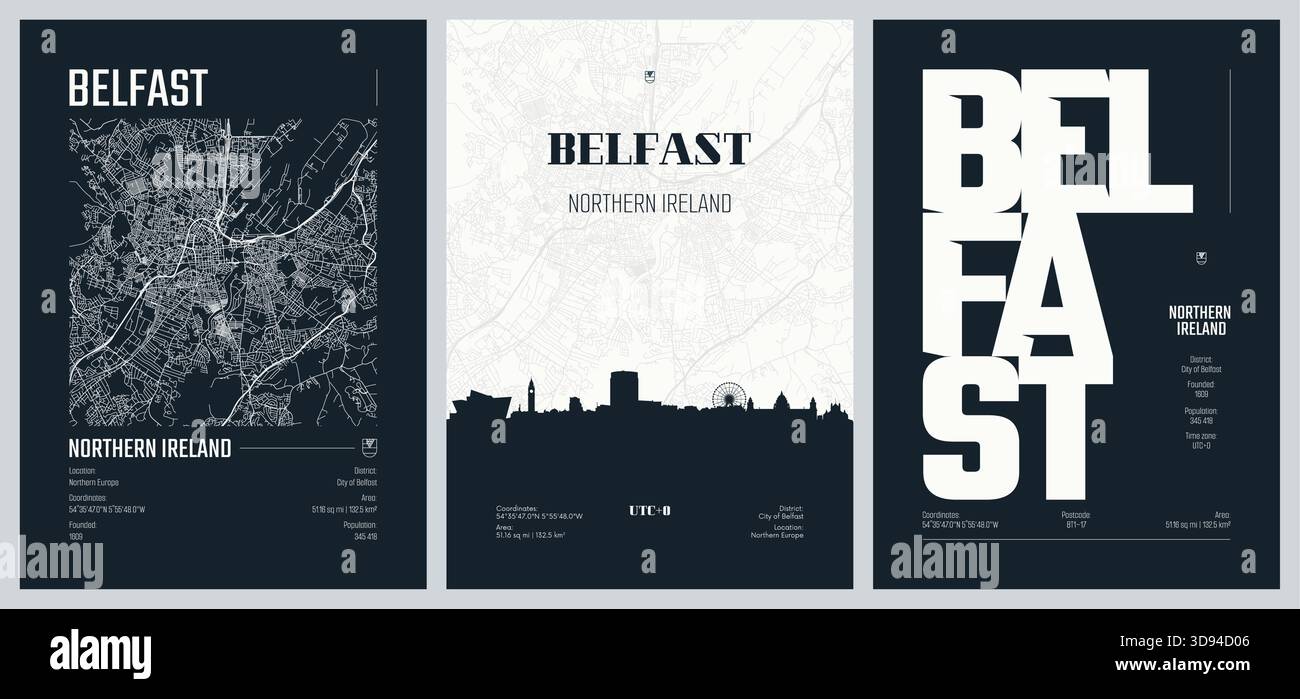 Set of travel posters with Belfast, detailed urban street plan city map ...