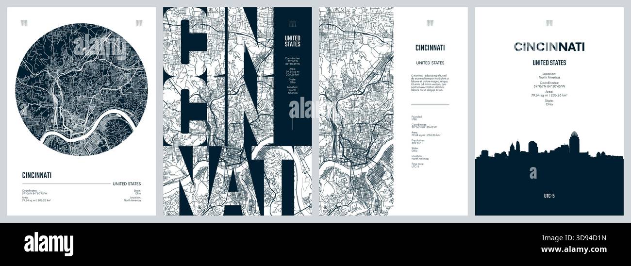Set of travel posters with Cincinnati, detailed urban street plan city ...