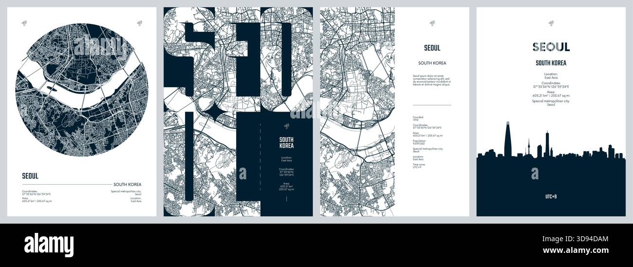 Set of travel posters with Seoul, detailed urban street plan city map ...