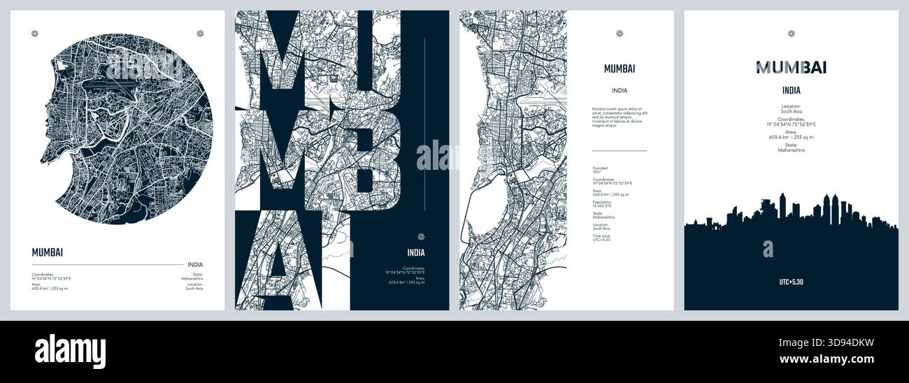 Set of travel posters with Mumbai, detailed urban street plan city map ...