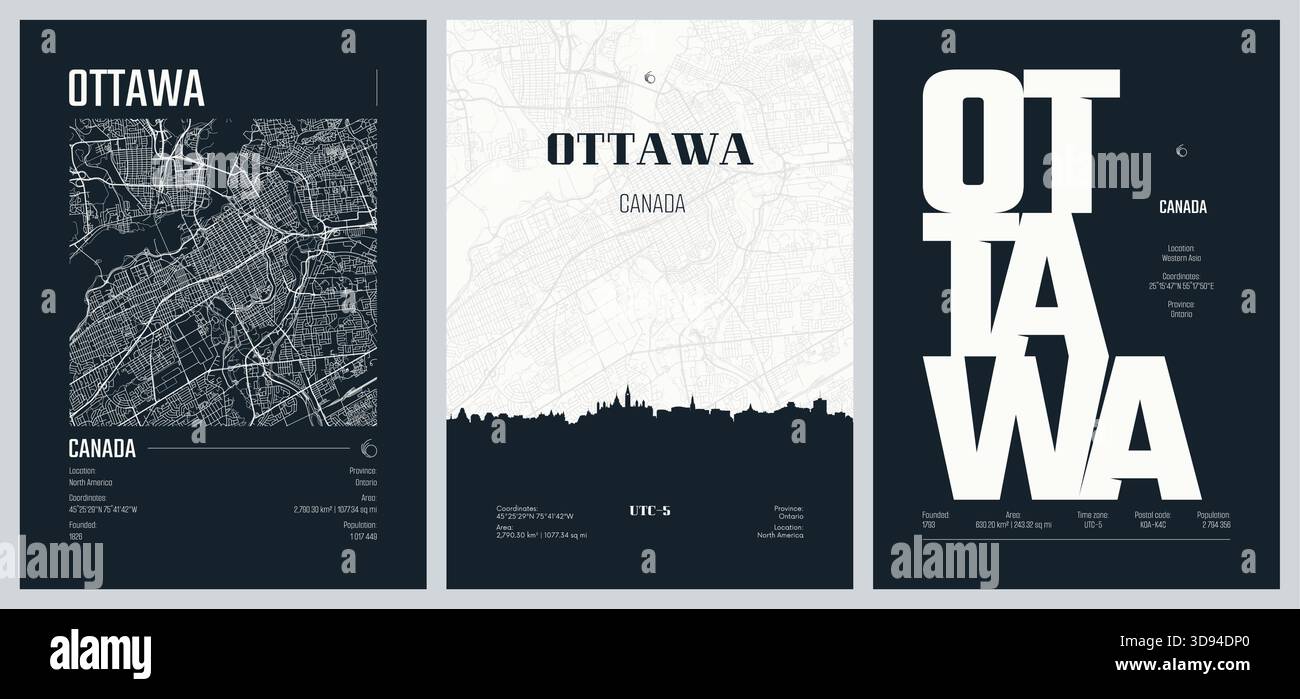 Set of travel posters with Ottawa, detailed urban street plan city map ...