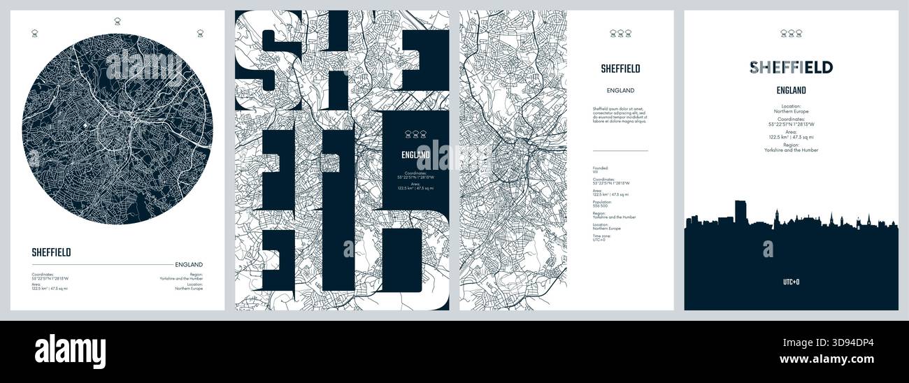 Set of travel posters with Sheffield, detailed urban street plan city ...