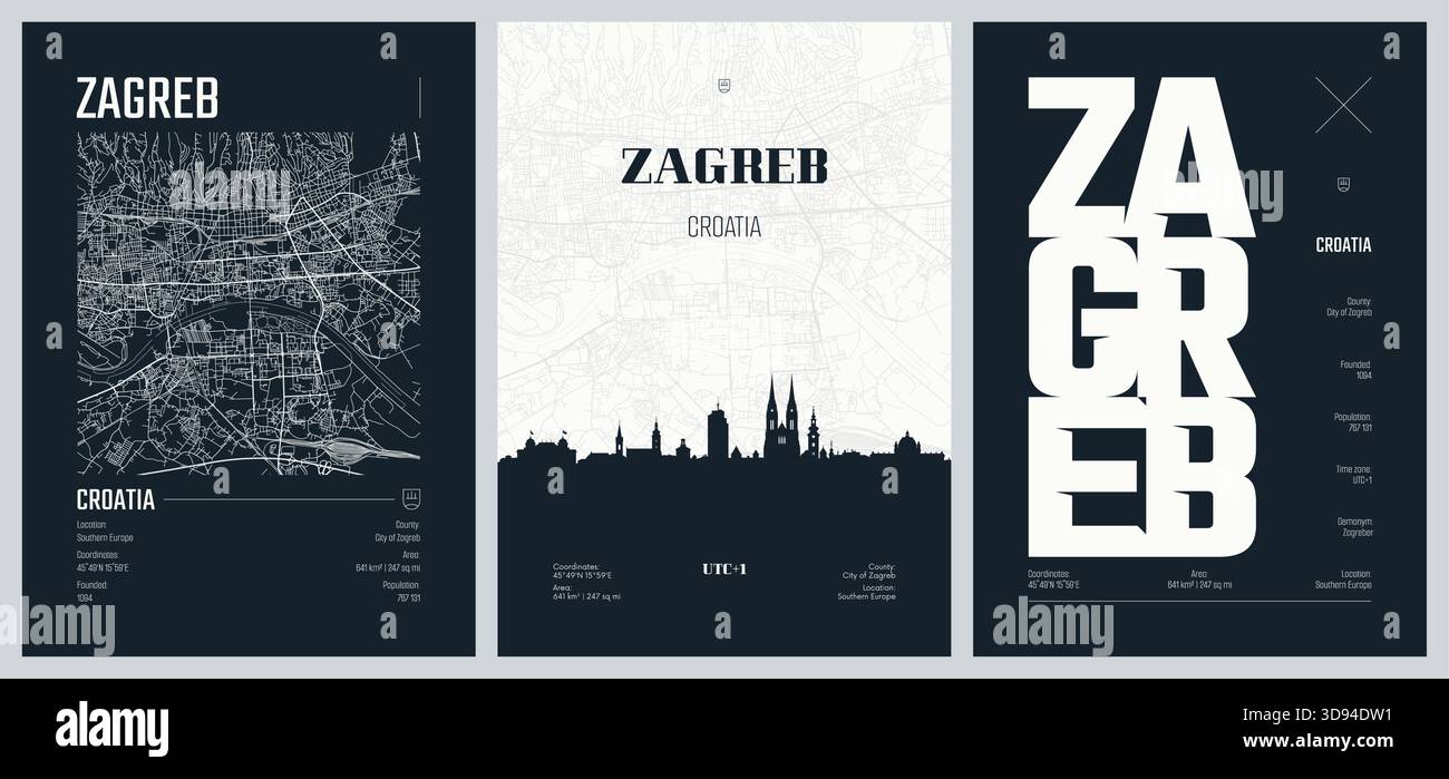 Set of travel posters with Zagreb, detailed urban street plan city map ...