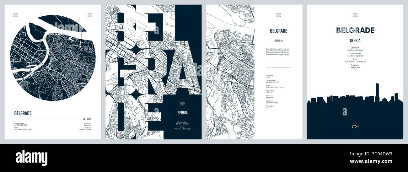 Set of travel posters with Belgrade, detailed urban street plan city ...