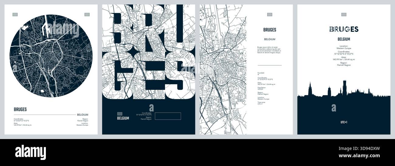 Set of travel posters with Bruges, detailed urban street plan city map ...