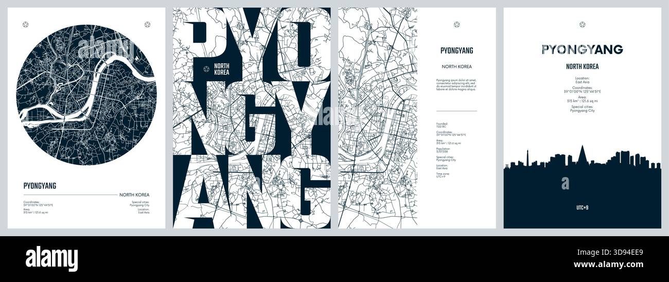 Set of travel posters with Pyongyang, detailed urban street plan city ...