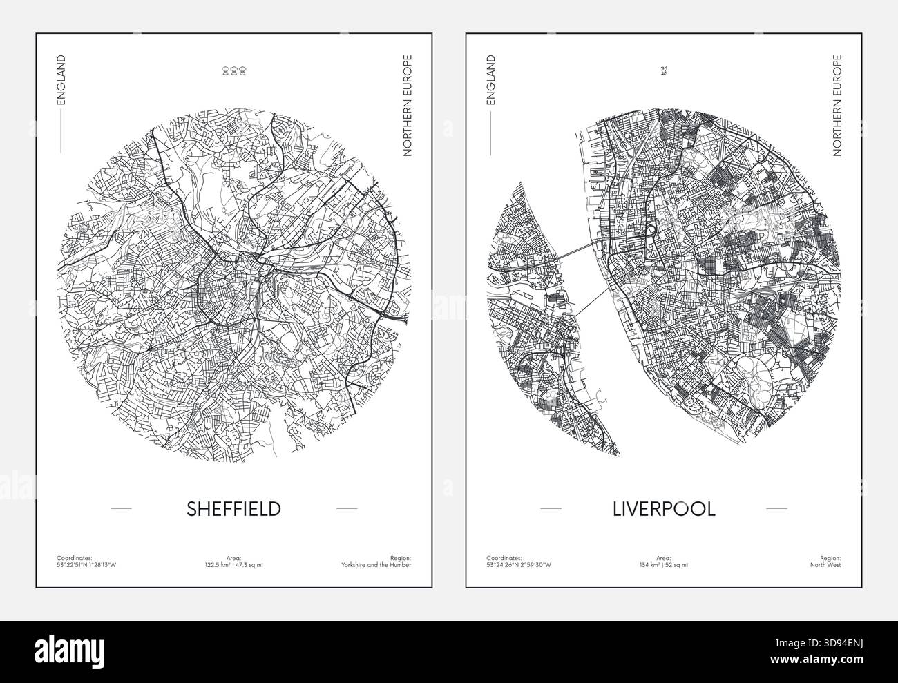 Travel poster, urban street plan city map Sheffield and Liverpool ...