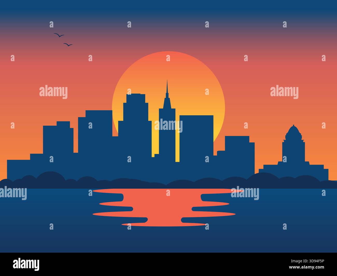 Warsaw city skyline silhouette with sunset reflection over water ...