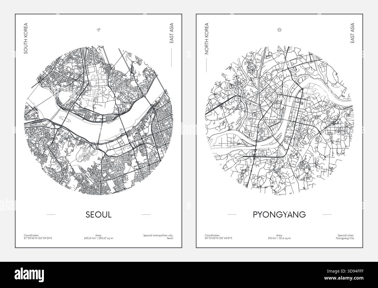 Travel poster, urban street plan city map Seoul and Pyongyang, vector ...