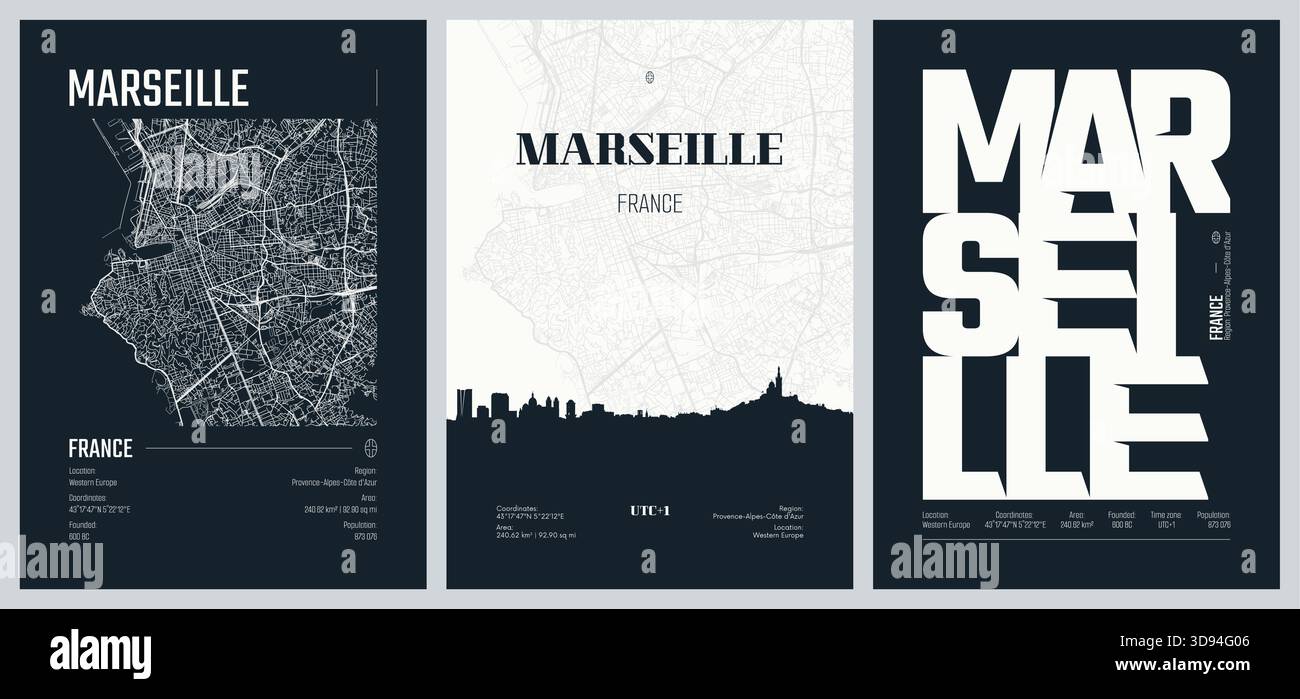Set of travel posters with Marseille, detailed urban street plan city ...