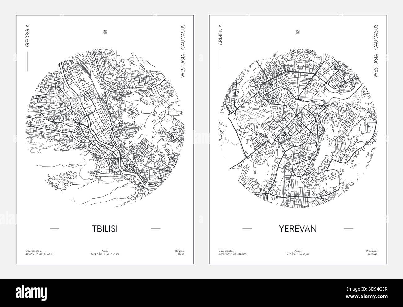 Travel poster, urban street plan city map Tbilisi and Yerevan, vector ...
