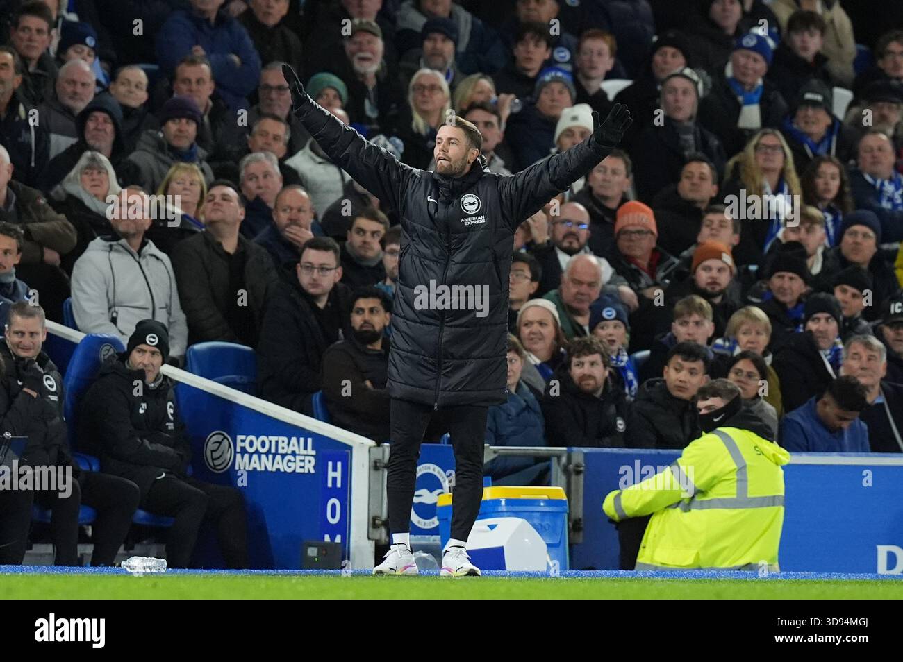 Brighton and Hove Albion manager Fabian Hurzeler reacts on the ...