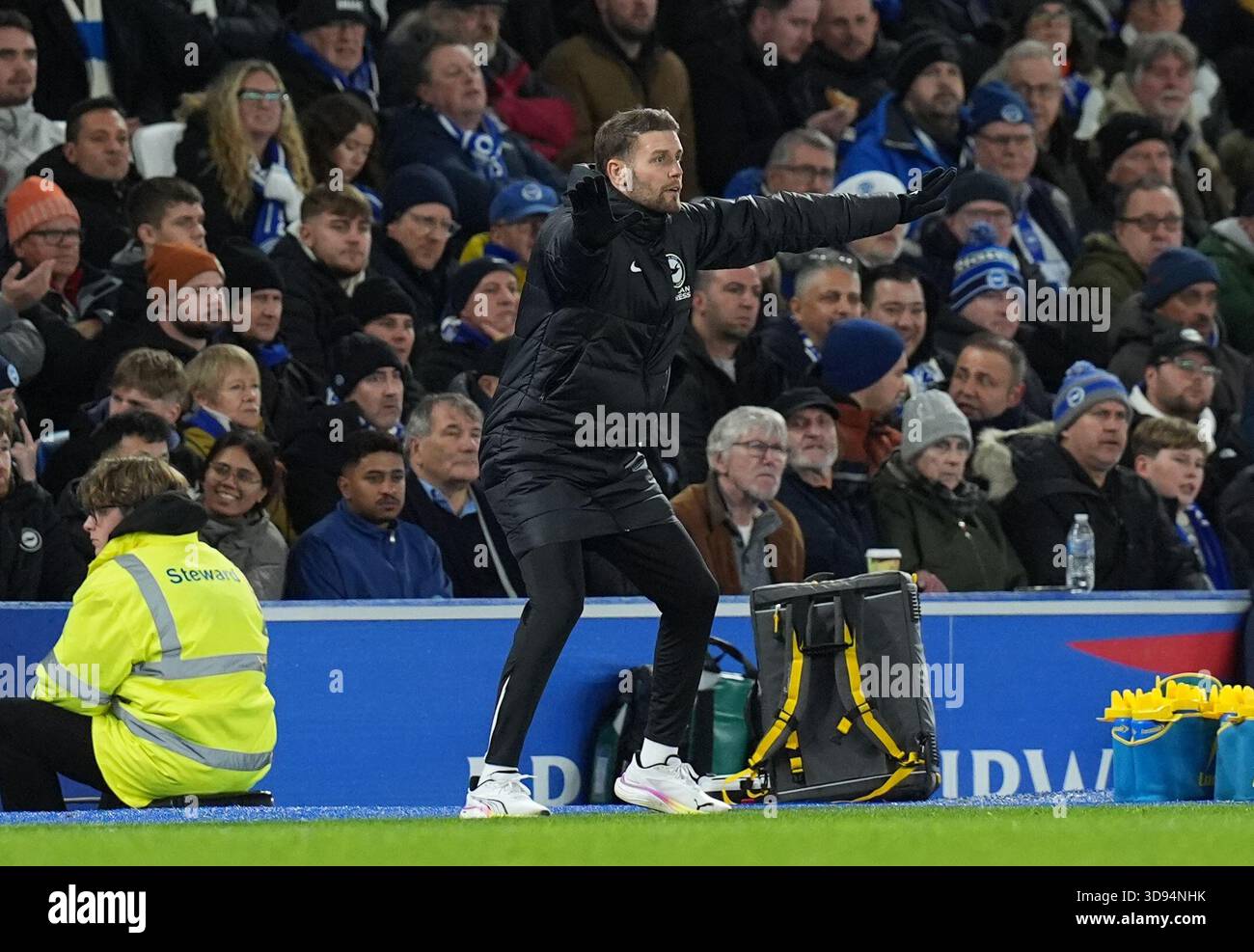Brighton and Hove Albion manager Fabian Hurzeler reacts on the ...
