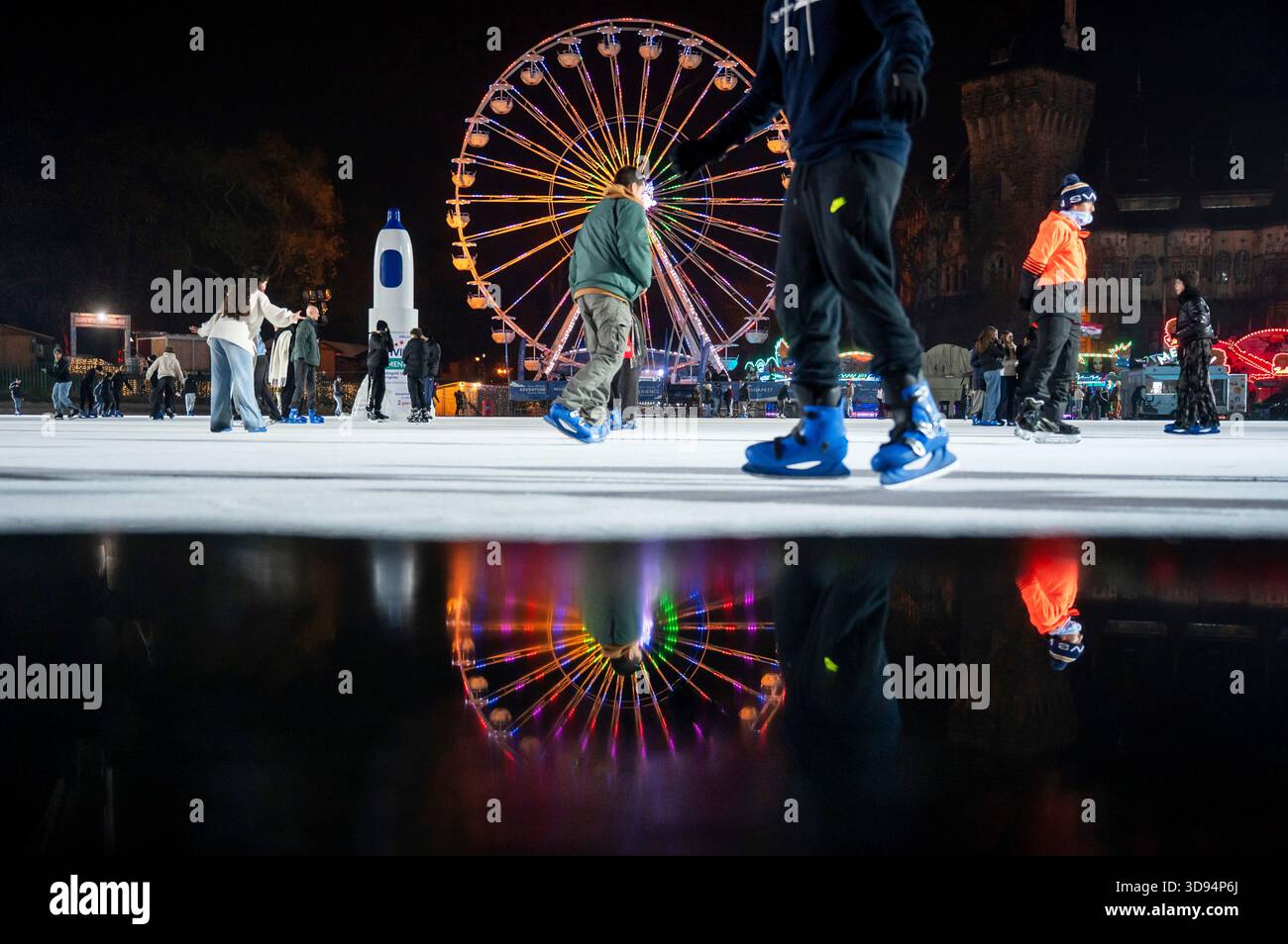 Skaters use the ice rink in the City Park at Vajdahunyad Castle in ...