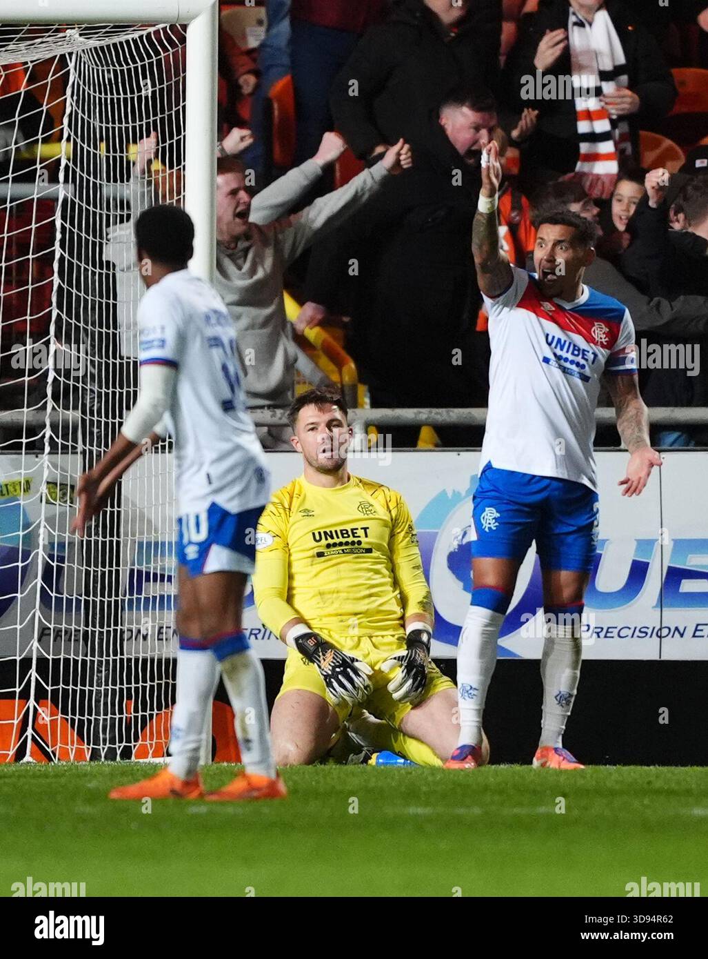 Rangers goalkeeper Jack Butland reacts after Dundee United's Amar Fatah ...