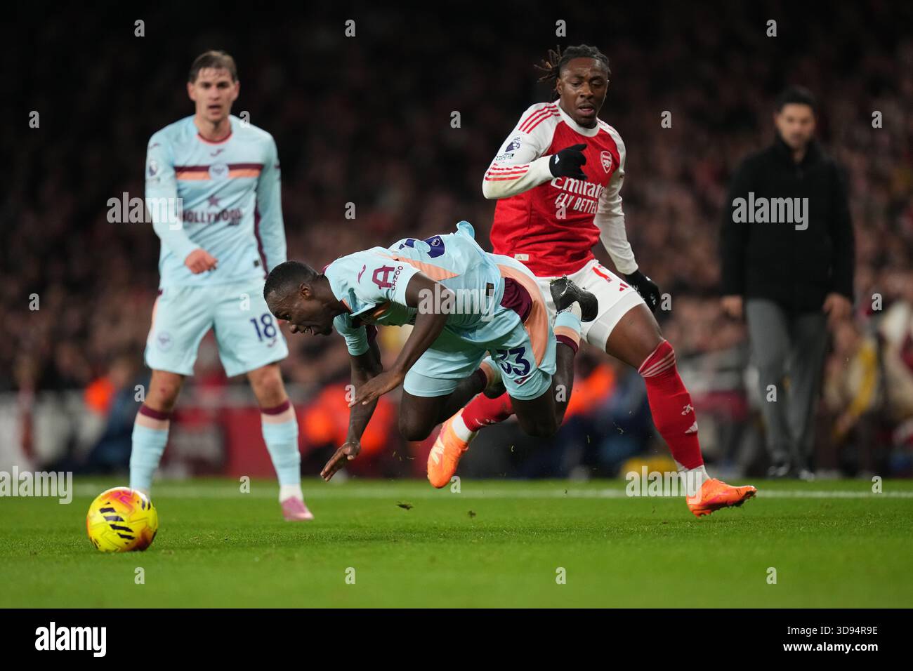 Arsenal's Eberechi Eze foulds Brentford's Michael Kayode during a ...