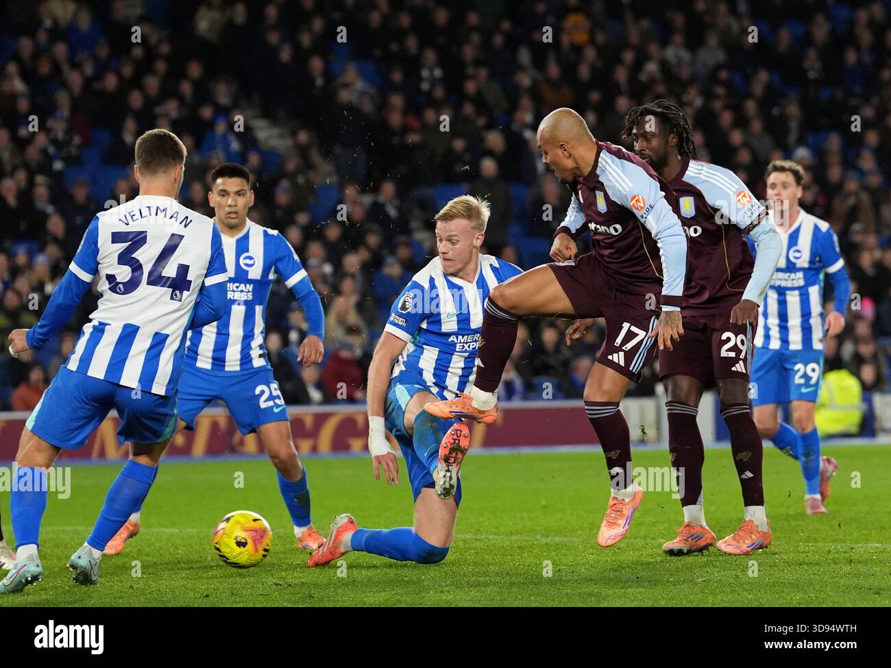 Aston Villa's Donyell Malen (left) in action during the Premier League ...