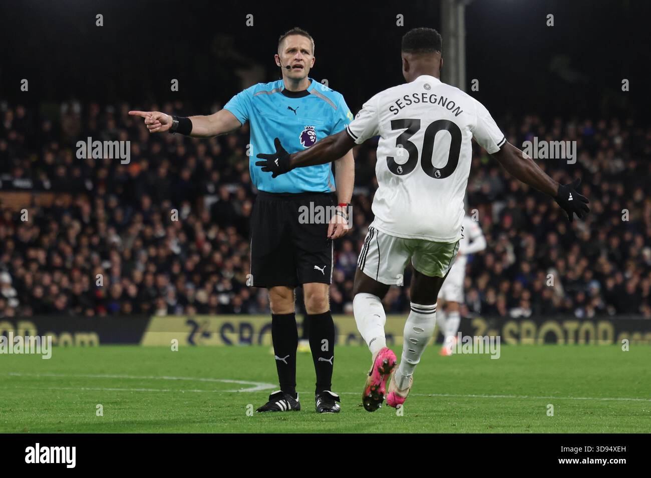 Fulham defender Ryan Sessegnon (30) reacts to referee Craig Pawson during the Fulham v ...