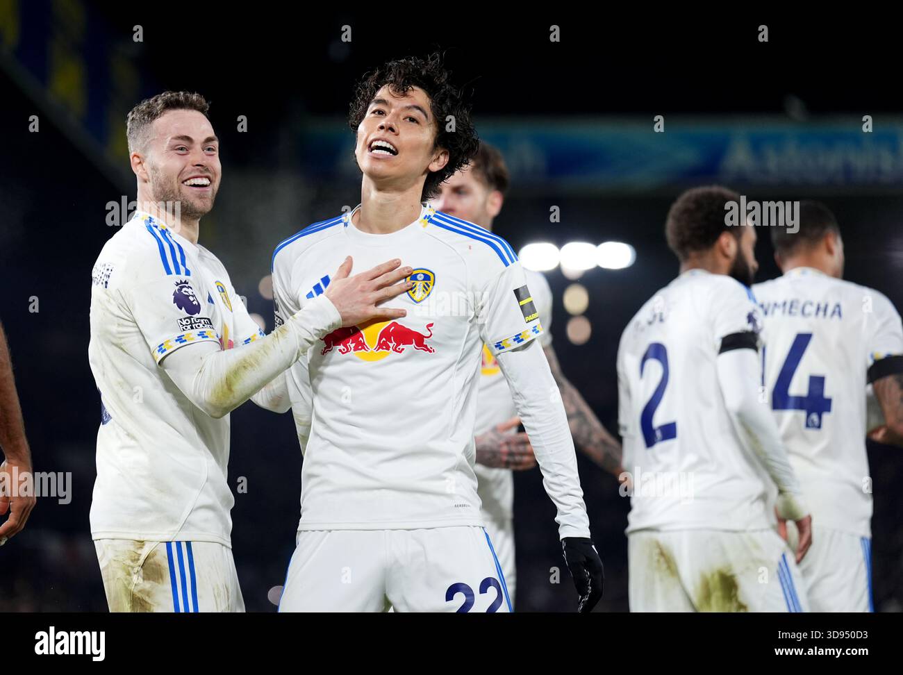 Leeds United's Ao Tanaka (second left) celebrates after scoring his ...