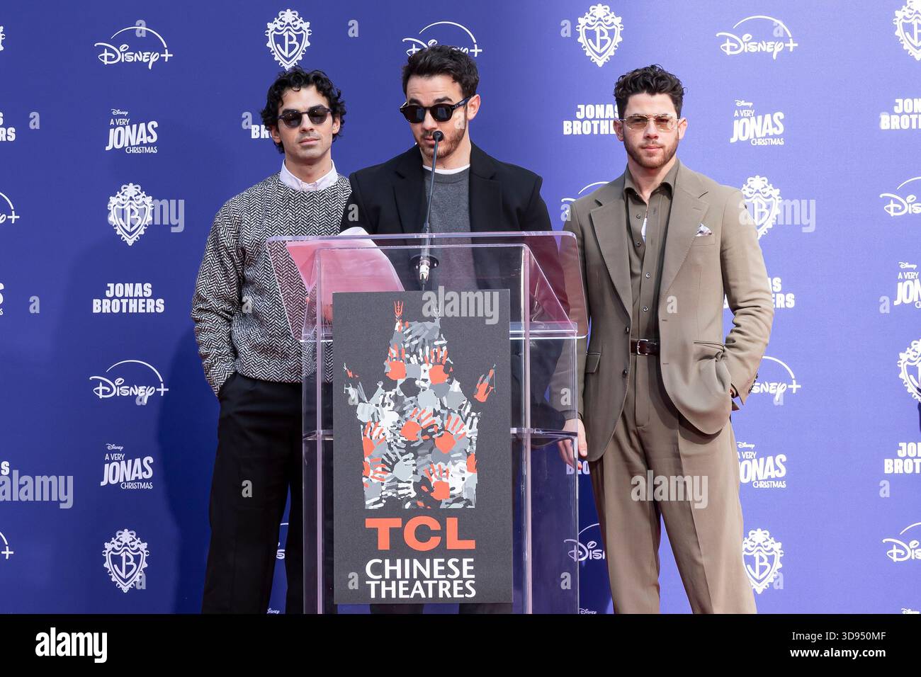 Joe Jonas, Kevin Jonas and Nick Jonas attend the Jonas Brothers Hand ...