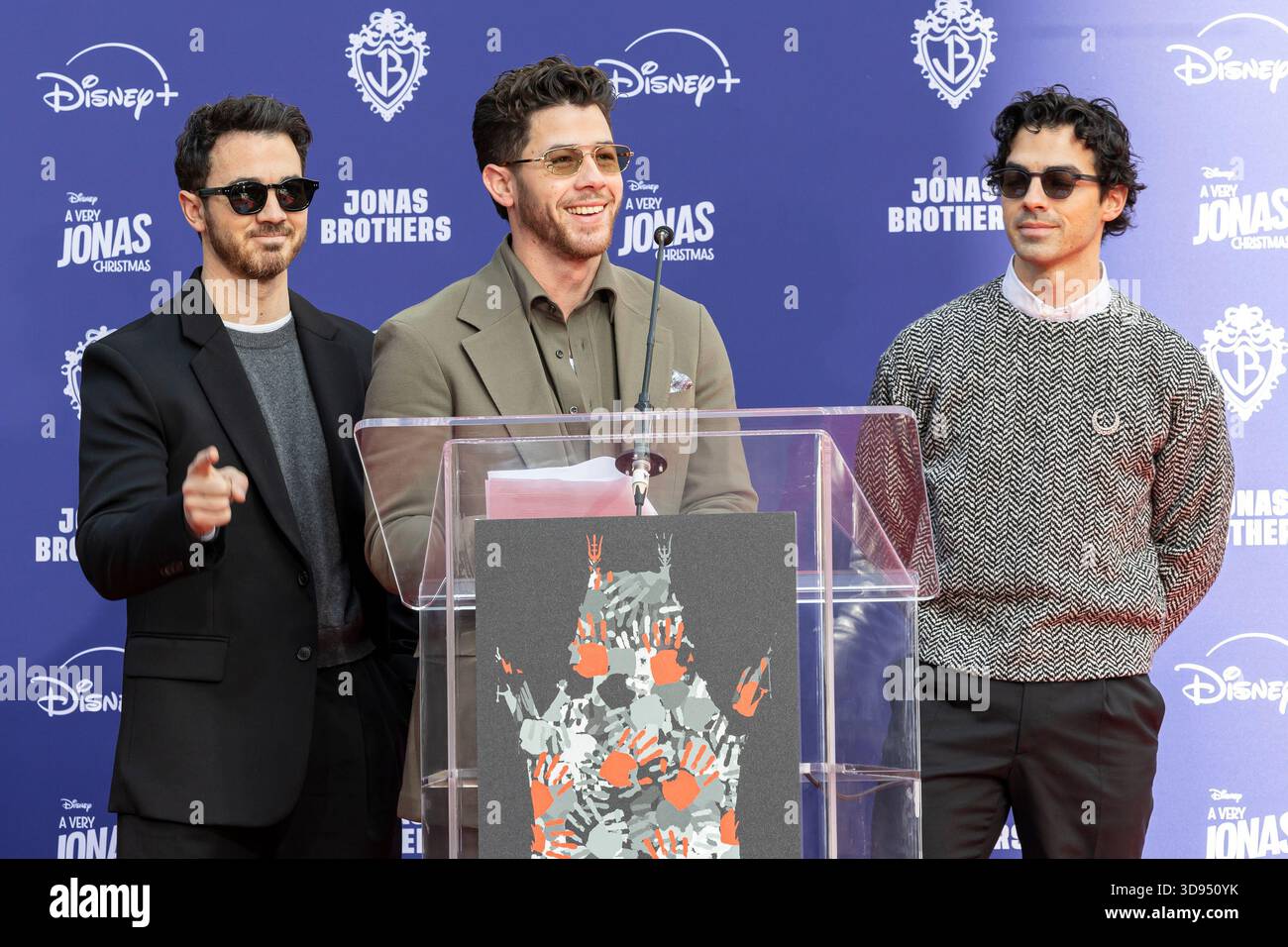 Kevin Jonas, Nick Jonas and Joe Jonas attend the Jonas Brothers Hand ...