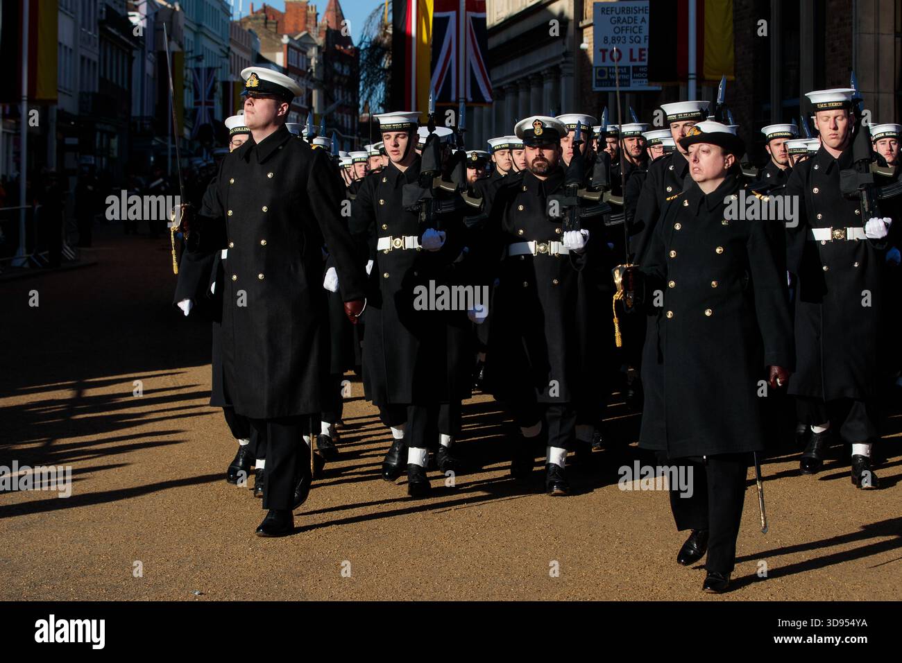 Windsor, UK. 3rd December, 2025. Royal Navy personnel march along ...