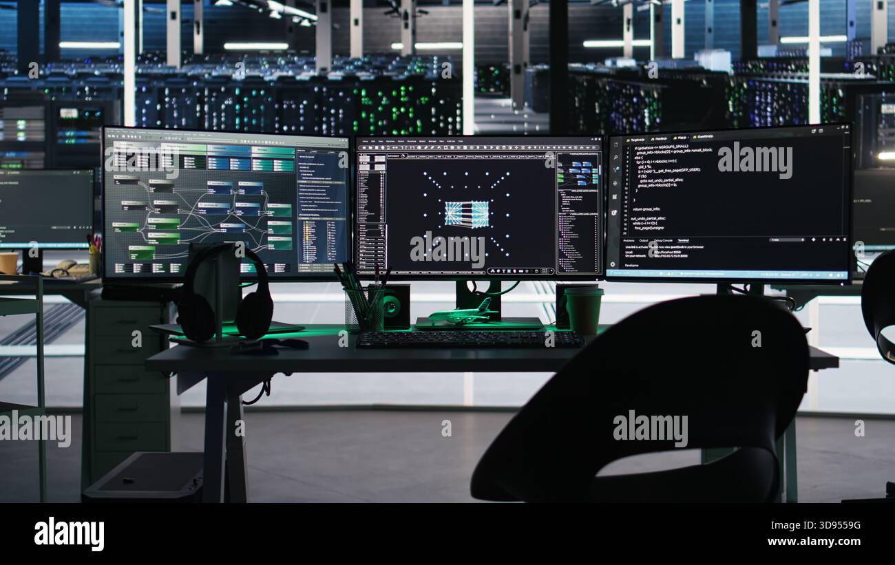 Monitors in data center displaying node tree interfaces monitoring ...
