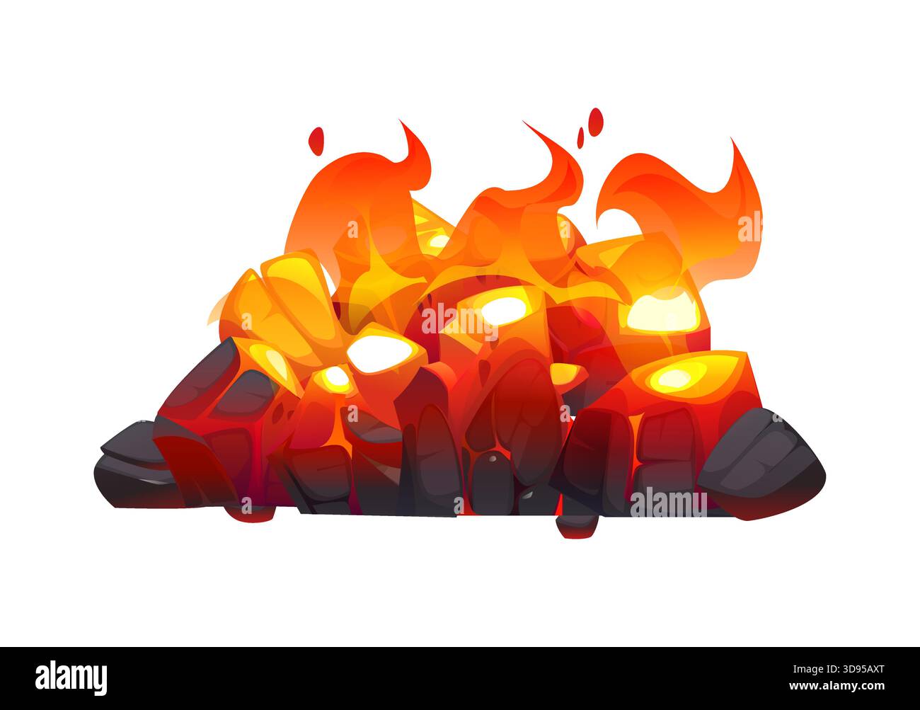 Cartoon fireplace charcoal with fire flames on burning ember coal ...