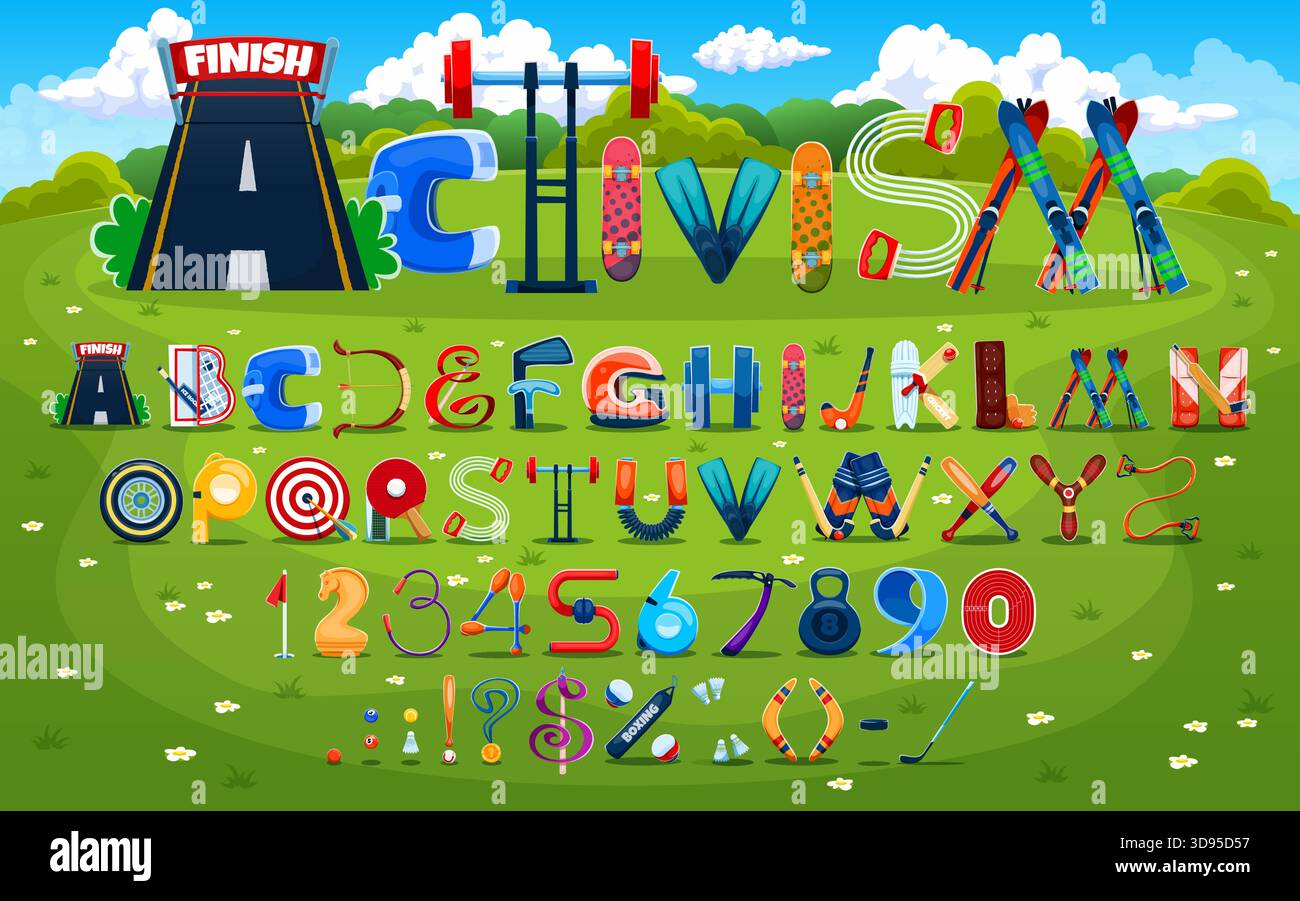 Funny fitness type, cartoon sport font, soccer and football typeface ...