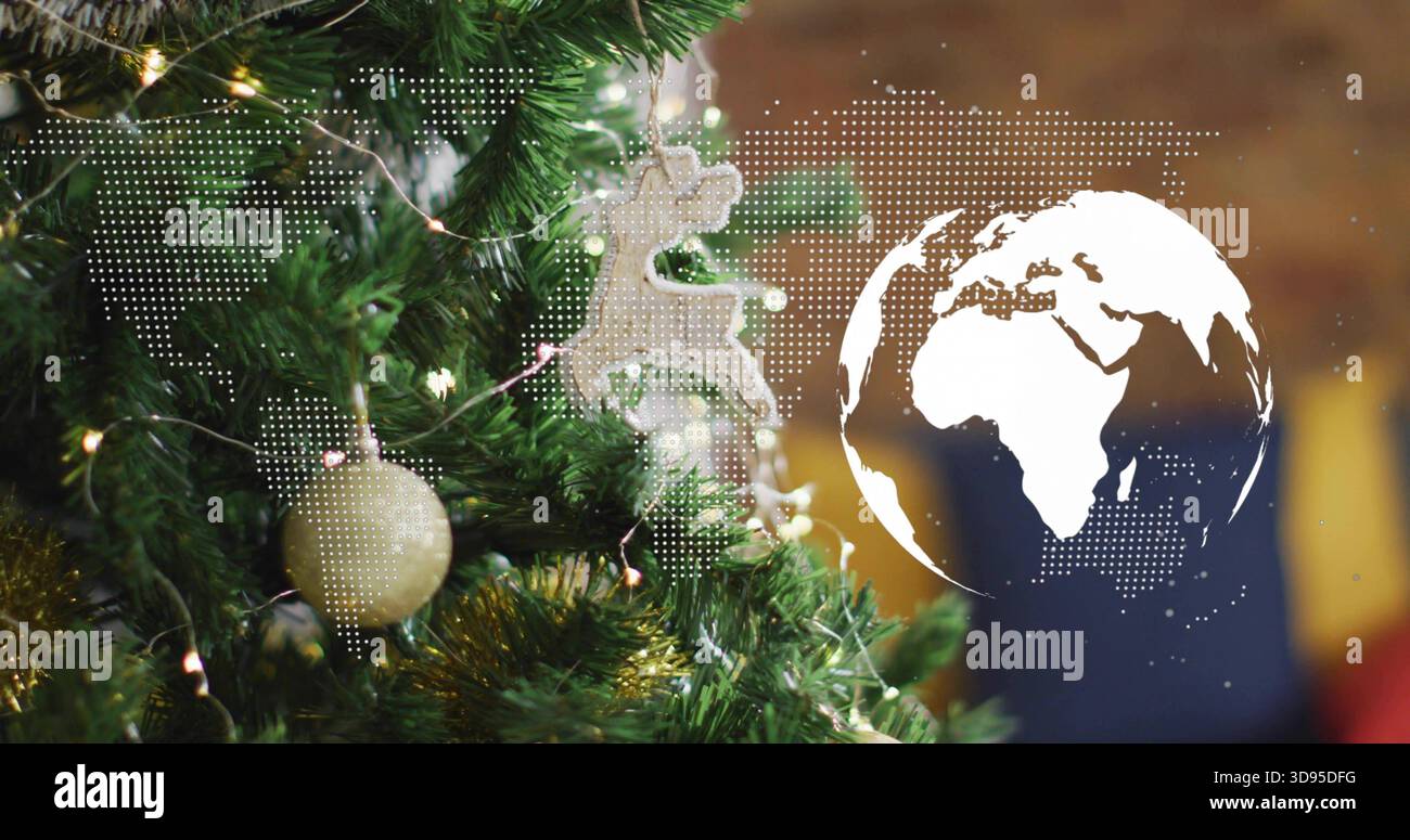 Displaying evergreen branch, bauble, micro LED lights, map overlay and ...
