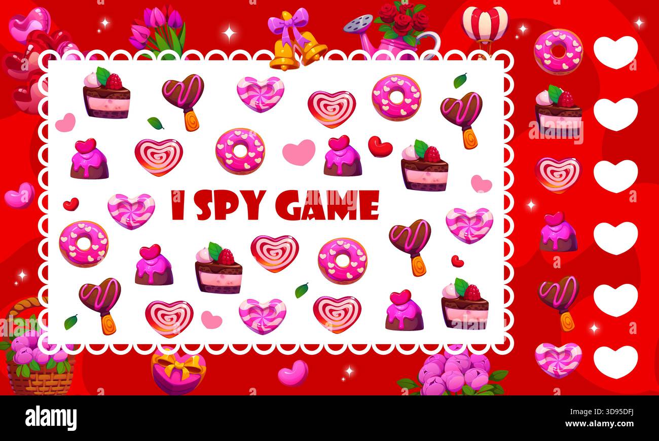 I spy game worksheet with Valentine day sweets and candies, vector ...