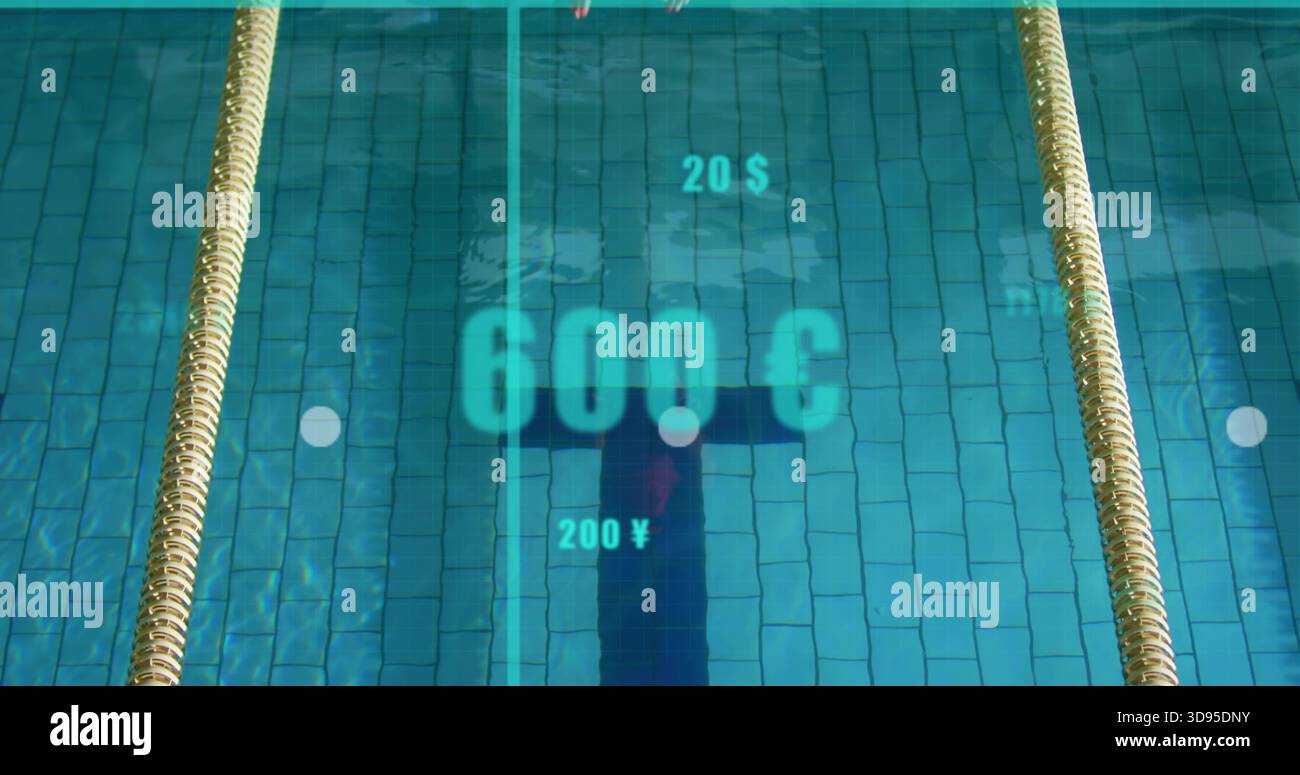 Floating adult swimmer in dark wetsuit in lap pool, with blue tiles ...