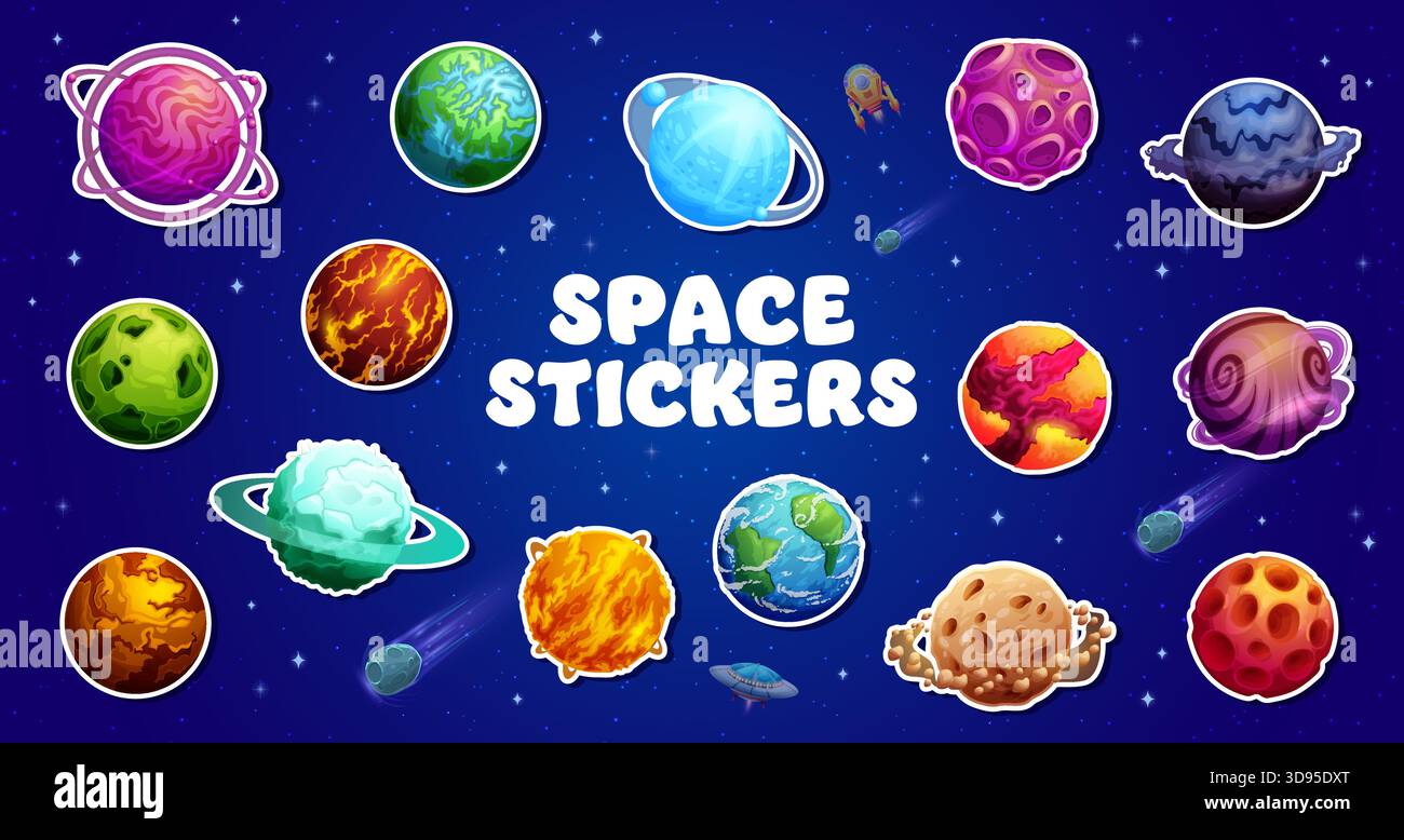 Stickers of fantasy alien galaxy and space planets of Earth and Saturn ...