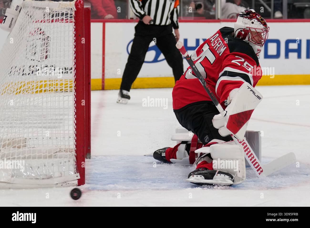 New Jersey Devils goaltender Jacob Markstrom defends the net during the ...