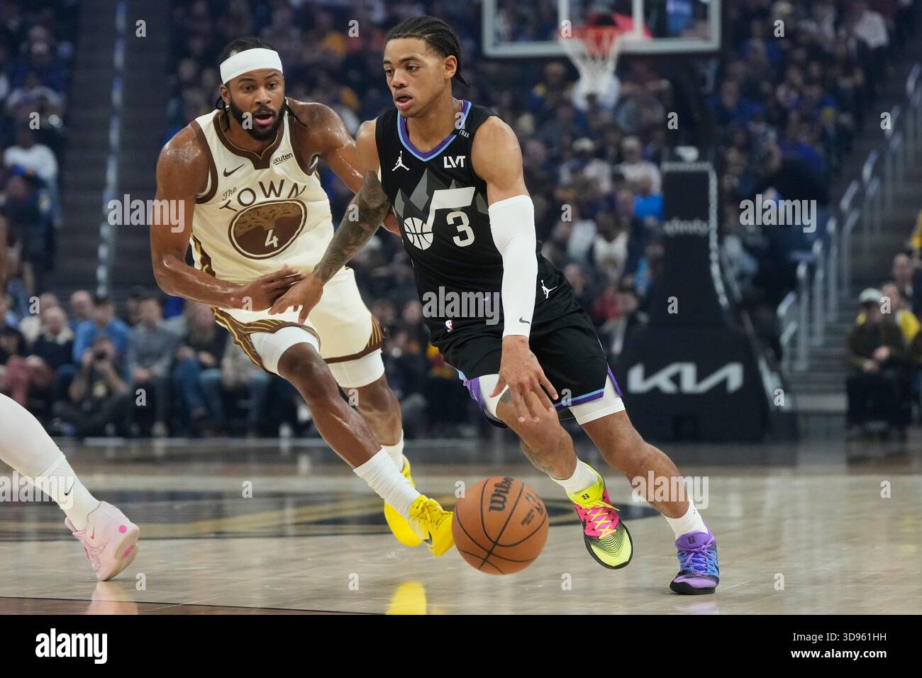Utah Jazz guard Keyonte George (3) drives to the basket against Golden ...