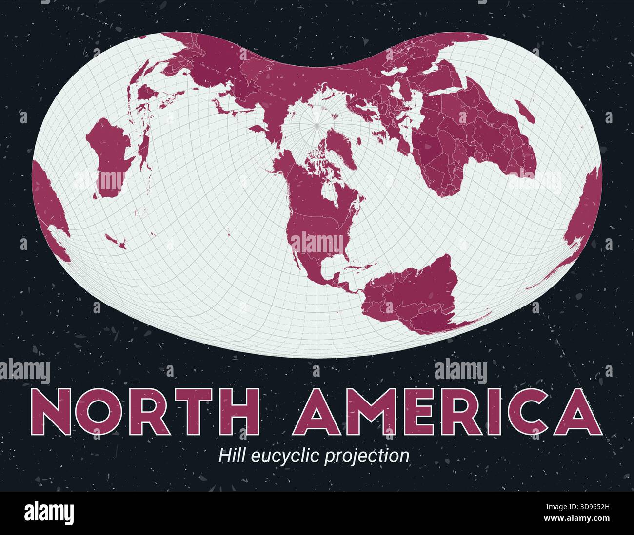North America. World map. Hill eucyclic projection centered on North ...