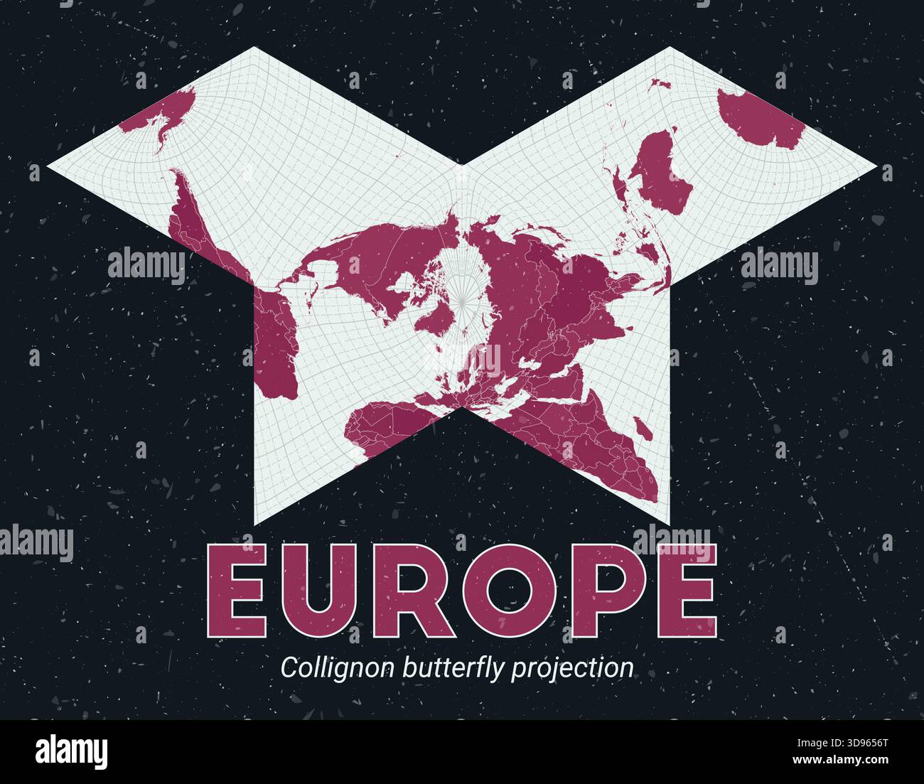 World map featuring the Collignon butterfly projection, centered on ...