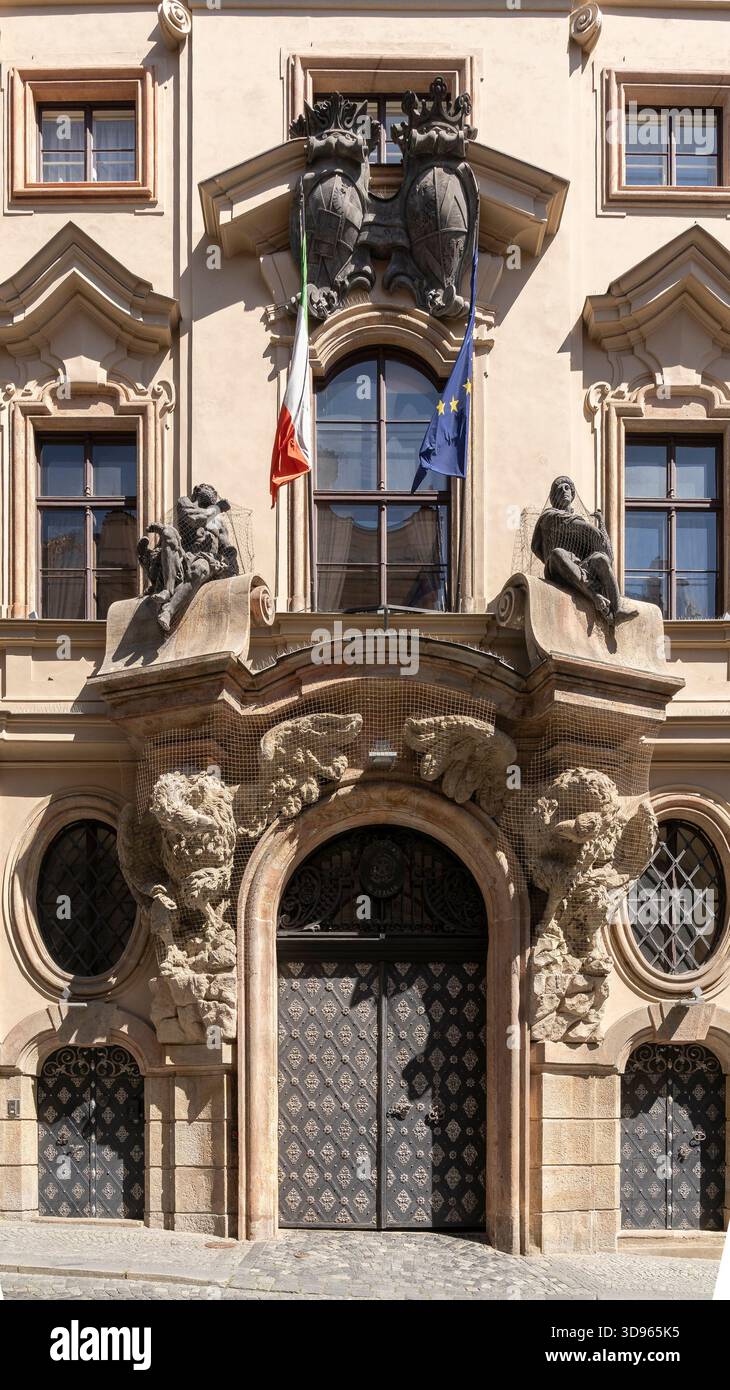 Prague, CZ - June 3, 2023 Vertical view of the Embassy of Italy in ...